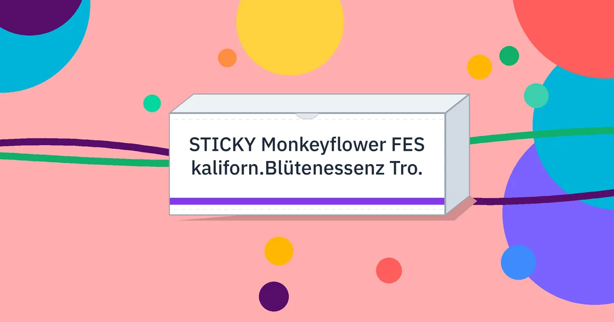 Symbolbild: Packung mit der Aufschrift STICKY Monkeyflower FES kaliforn.Blütenessenz Tro. (PZN 09173972) – Verfügbarkeit und Bezug in Apotheken in Frankfurt am Main