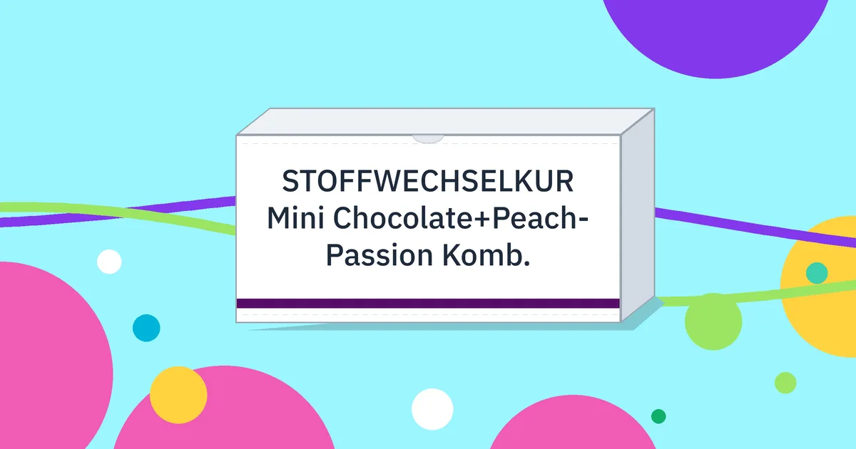 Symbolbild: Packung mit der Aufschrift STOFFWECHSELKUR Mini Chocolate+Peach-Passion Komb. (PZN 14044739) – Verfügbarkeit und Bezug in Apotheken in Frankfurt am Main