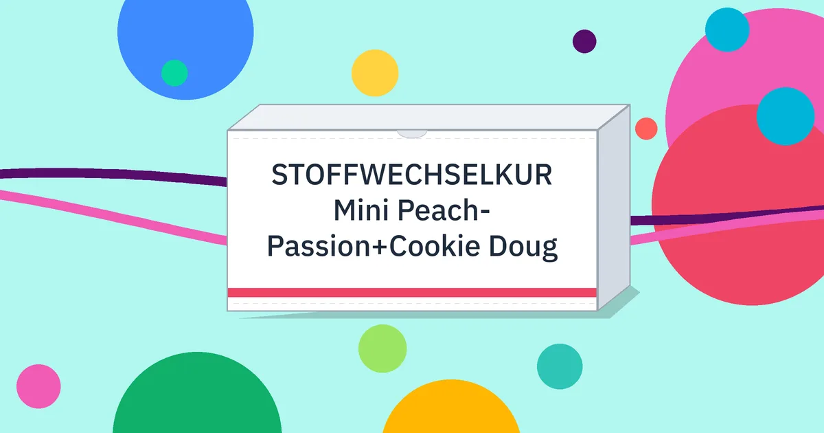 Symbolbild: Packung mit der Aufschrift STOFFWECHSELKUR Mini Peach-Passion+Cookie Doug (PZN 14044834) – Verfügbarkeit und Bezug in Apotheken in Frankfurt am Main