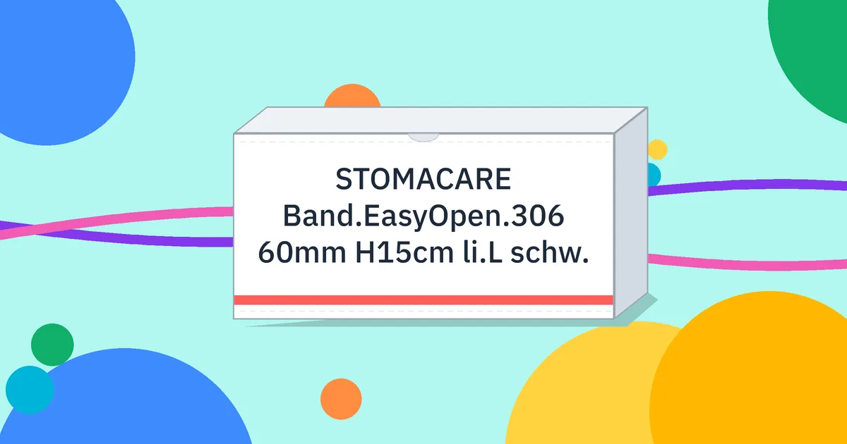 Symbolbild: Packung mit der Aufschrift STOMACARE Band.EasyOpen.306 60mm H15cm li.L schw. (PZN 09437394) – Verfügbarkeit und Bezug in Apotheken in Frankfurt am Main