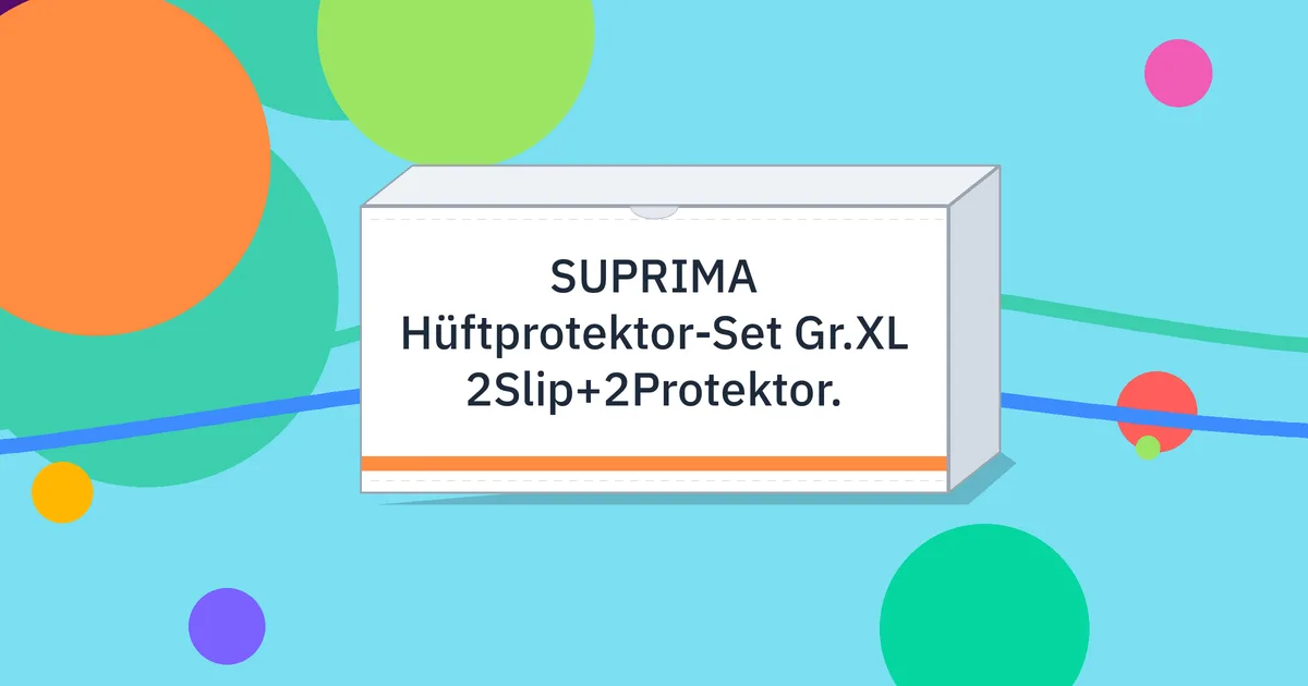 Symbolbild: Packung mit der Aufschrift SUPRIMA Hüftprotektor-Set Gr.XL 2Slip+2Protektor. (PZN 09784380) – Verfügbarkeit und Bezug in Apotheken in Frankfurt am Main