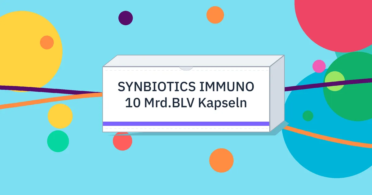 Symbolbild: Packung mit der Aufschrift SYNBIOTICS IMMUNO 10 Mrd.BLV Kapseln (PZN 17307719) – Verfügbarkeit und Bezug in Apotheken in Frankfurt am Main