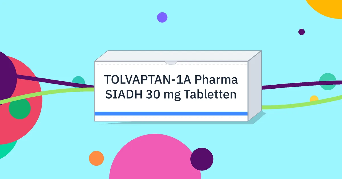 Symbolbild: Packung mit der Aufschrift TOLVAPTAN-1A Pharma SIADH 30 mg Tabletten (PZN 19100862) – Verfügbarkeit und Bezug in Apotheken in Frankfurt am Main