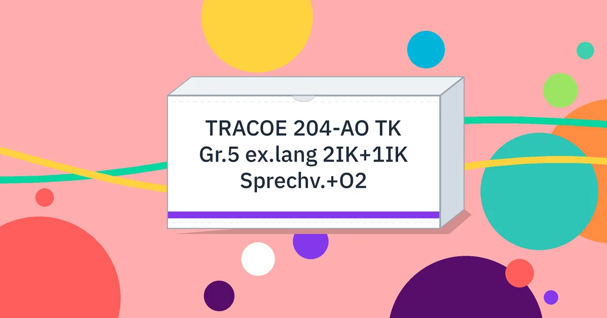 Symbolbild: Packung mit der Aufschrift TRACOE 204-AO TK Gr.5 ex.lang 2IK+1IK Sprechv.+O2 (PZN 17274090) – Verfügbarkeit und Bezug in Apotheken in Frankfurt am Main