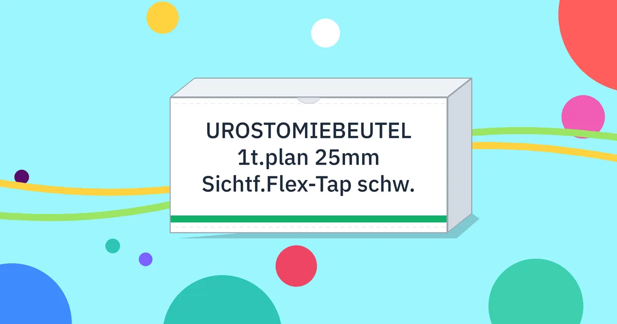 Symbolbild: Packung mit der Aufschrift UROSTOMIEBEUTEL 1t.plan 25mm Sichtf.Flex-Tap schw. (PZN 18424120) – Verfügbarkeit und Bezug in Apotheken in Frankfurt am Main