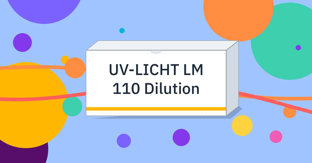 Symbolbild: Packung mit der Aufschrift UV-LICHT LM 110 Dilution (PZN 13258881) – Verfügbarkeit und Bezug in Apotheken in Frankfurt am Main
