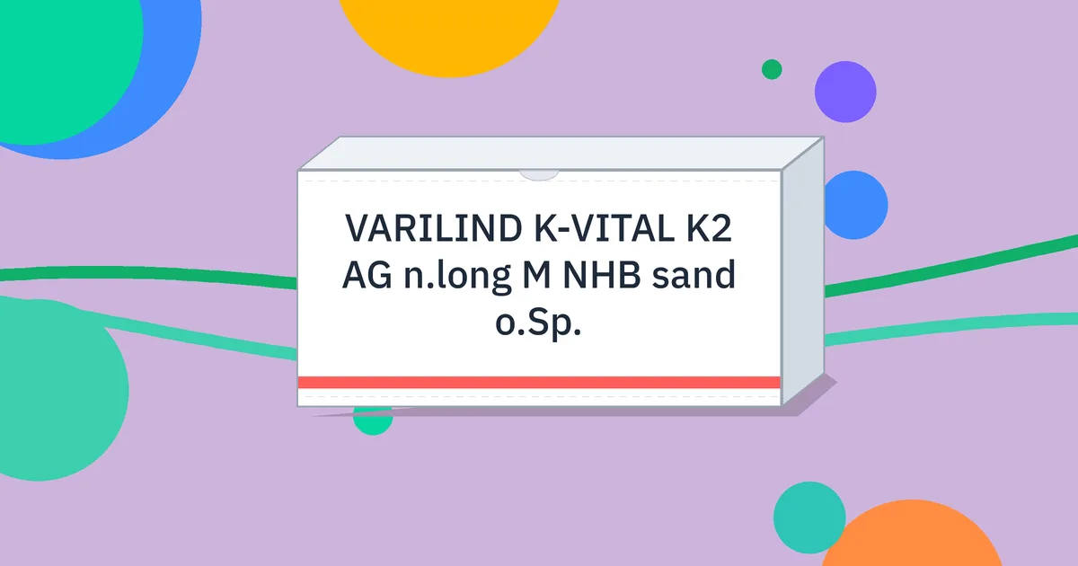 Symbolbild: Packung mit der Aufschrift VARILIND K-VITAL K2 AG n.long M NHB sand o.Sp. (PZN 20564472) – Verfügbarkeit und Bezug in Apotheken in Frankfurt am Main