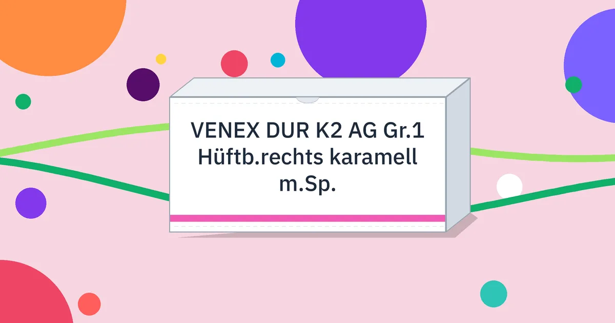 Symbolbild: Packung mit der Aufschrift VENEX DUR K2 AG Gr.1 Hüftb.rechts karamell m.Sp. (PZN 13761137) – Verfügbarkeit und Bezug in Apotheken in Frankfurt am Main