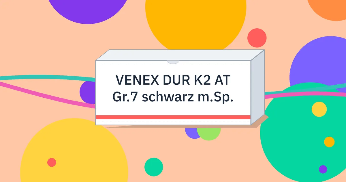 Symbolbild: Packung mit der Aufschrift VENEX DUR K2 AT Gr.7 schwarz m.Sp. (PZN 03222161) – Verfügbarkeit und Bezug in Apotheken in Frankfurt am Main