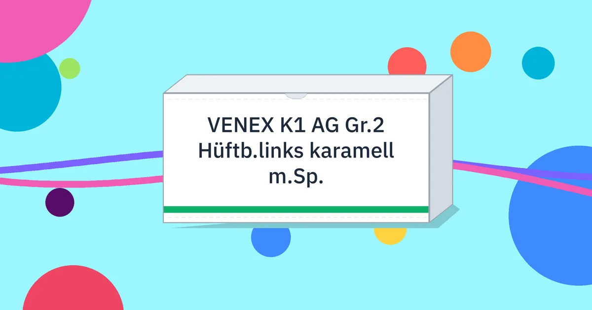 Symbolbild: Packung mit der Aufschrift VENEX K1 AG Gr.2 Hüftb.links karamell m.Sp. (PZN 13760913) – Verfügbarkeit und Bezug in Apotheken in Frankfurt am Main