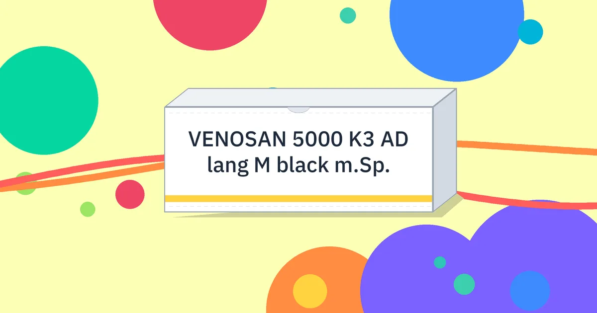 Symbolbild: Packung mit der Aufschrift VENOSAN 5000 K3 AD lang M black m.Sp. (PZN 14433903) – Verfügbarkeit und Bezug in Apotheken in Frankfurt am Main