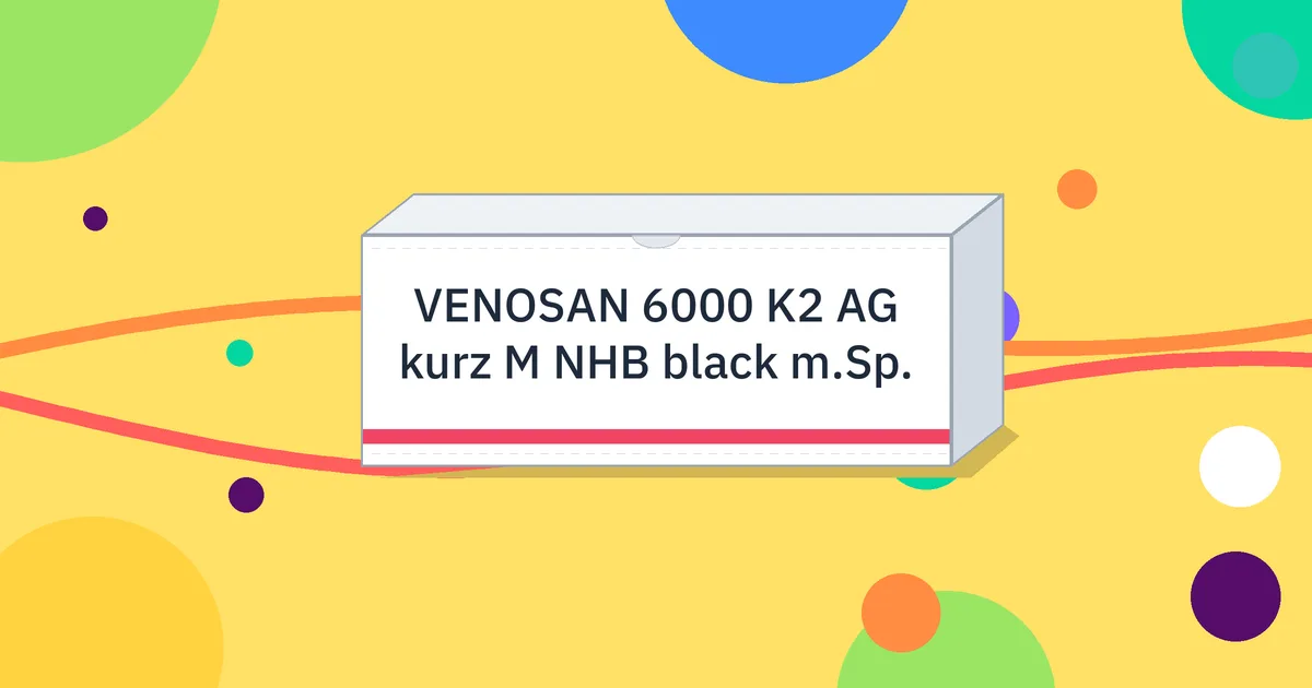 Symbolbild: Packung mit der Aufschrift VENOSAN 6000 K2 AG kurz M NHB black m.Sp. (PZN 17173064) – Verfügbarkeit und Bezug in Apotheken in Frankfurt am Main
