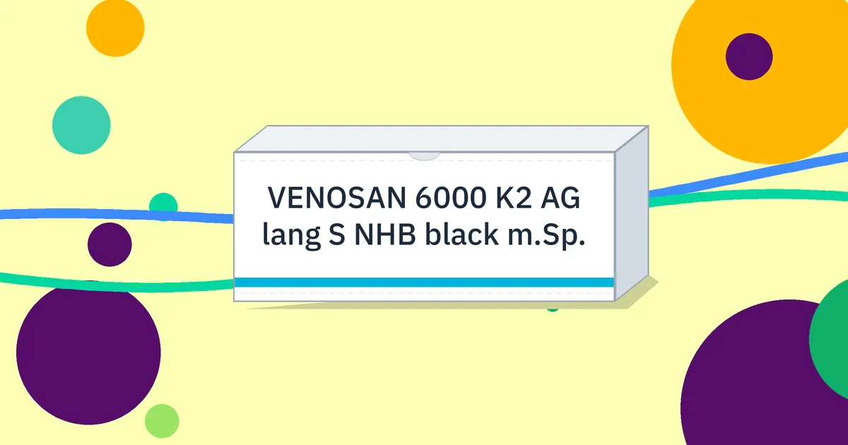 Symbolbild: Packung mit der Aufschrift VENOSAN 6000 K2 AG lang S NHB black m.Sp. (PZN 17173006) – Verfügbarkeit und Bezug in Apotheken in Frankfurt am Main