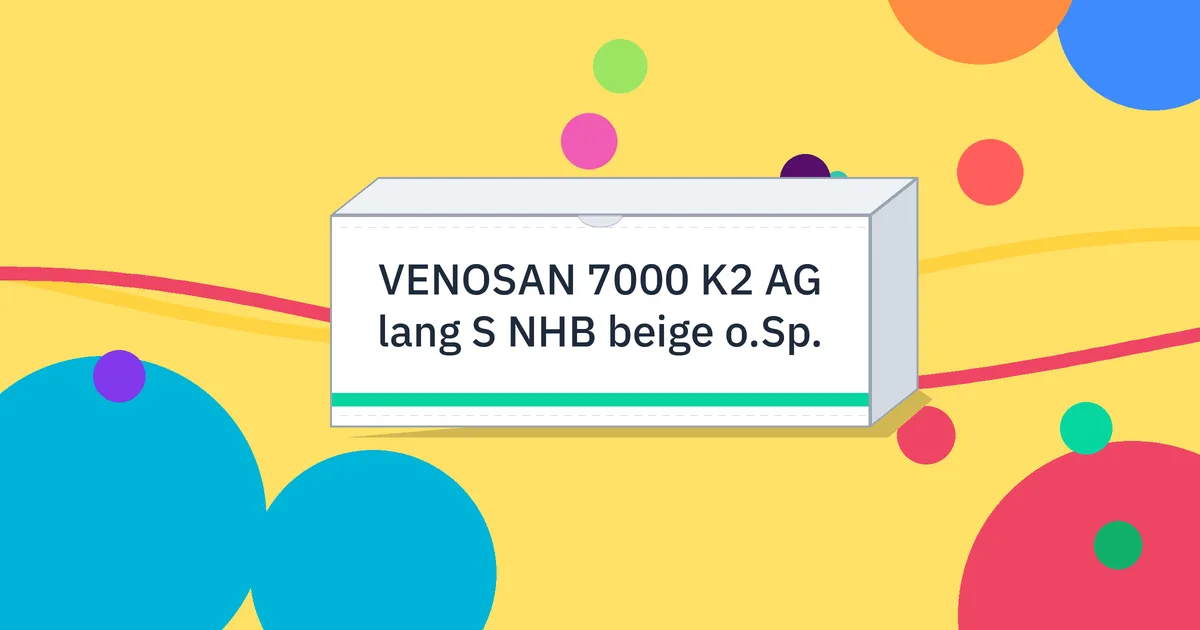 Symbolbild: Packung mit der Aufschrift VENOSAN 7000 K2 AG lang S NHB beige o.Sp. (PZN 14434736) – Verfügbarkeit und Bezug in Apotheken in Frankfurt am Main