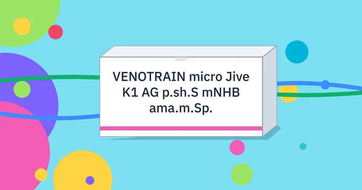 Symbolbild: Packung mit der Aufschrift VENOTRAIN micro Jive K1 AG p.sh.S mNHB ama.m.Sp. (PZN 17759522) – Verfügbarkeit und Bezug in Apotheken in Frankfurt am Main