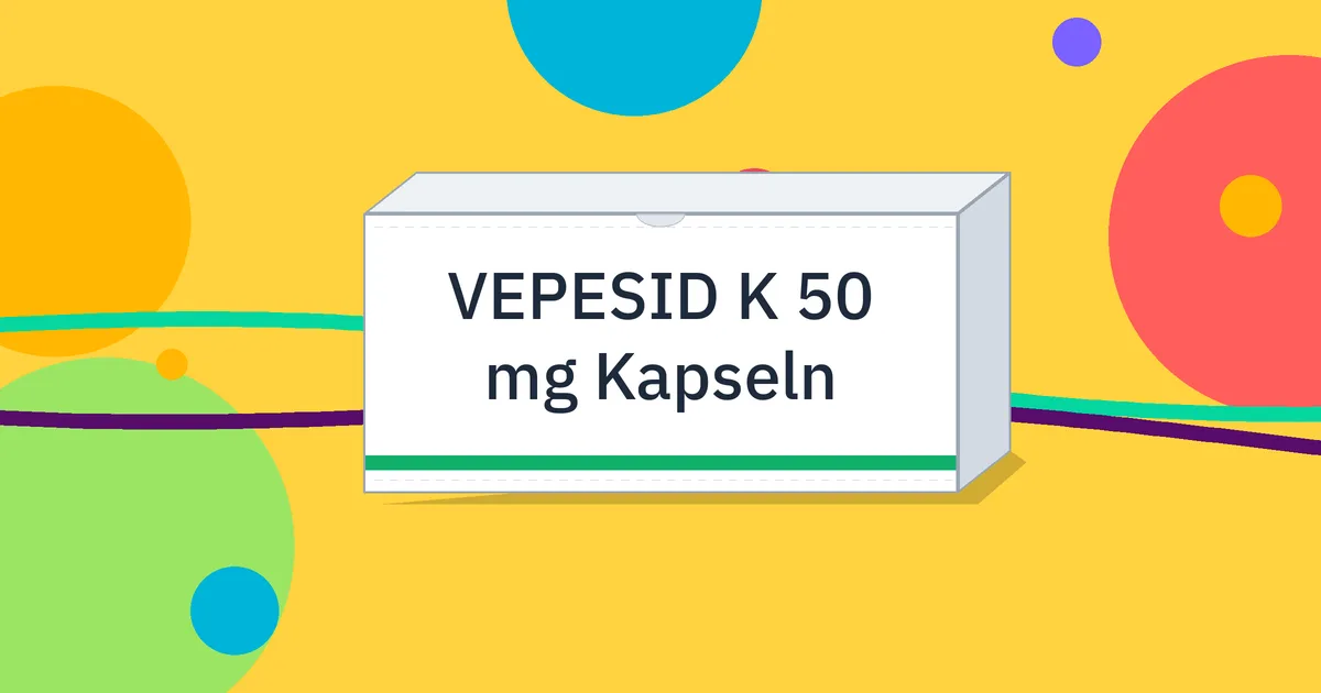Symbolbild: Packung mit der Aufschrift VEPESID K 50 mg Kapseln (PZN 18659975) – Verfügbarkeit und Bezug in Apotheken in Frankfurt am Main