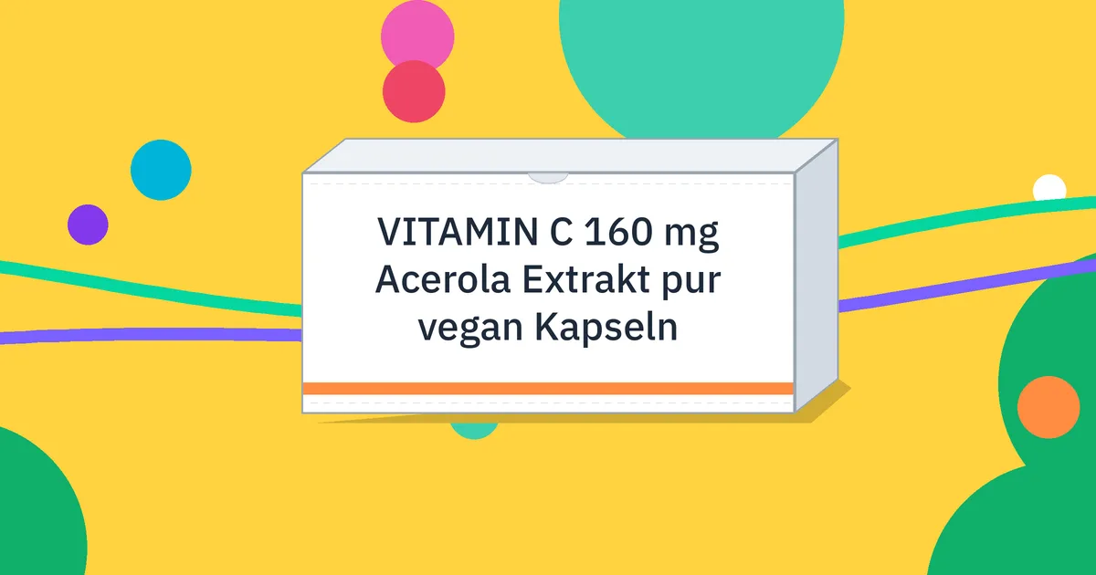 Symbolbild: Packung mit der Aufschrift VITAMIN C 160 mg Acerola Extrakt pur vegan Kapseln (PZN 16819328) – Verfügbarkeit und Bezug in Apotheken in Frankfurt am Main