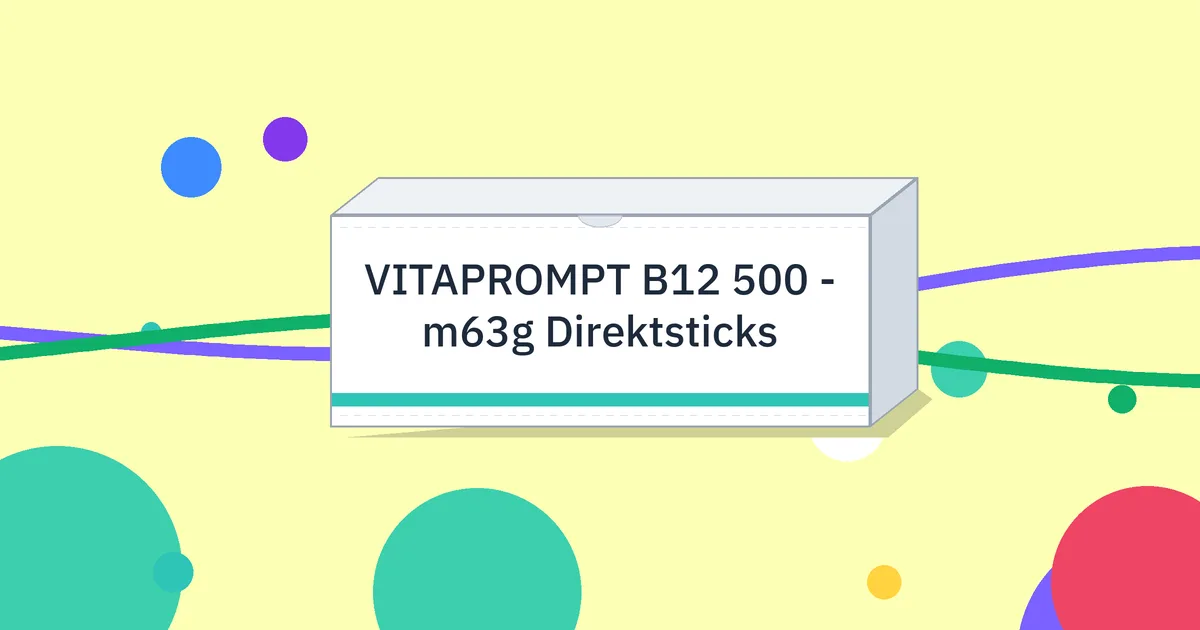 Symbolbild: Packung mit der Aufschrift VITAPROMPT B12 500 -m63g Direktsticks (PZN 19690415) – Verfügbarkeit und Bezug in Apotheken in Frankfurt am Main