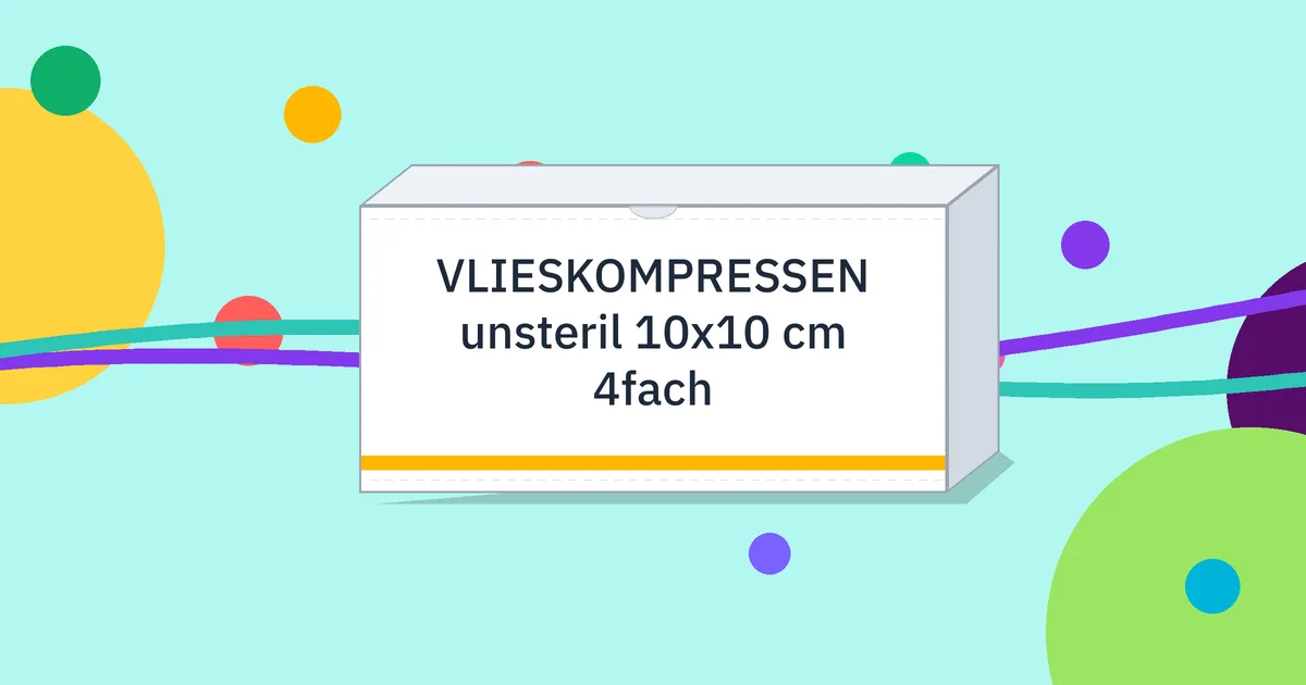 Symbolbild: Packung mit der Aufschrift VLIESKOMPRESSEN unsteril 10x10 cm 4fach (PZN 02561085) – Verfügbarkeit und Bezug in Apotheken in Frankfurt am Main