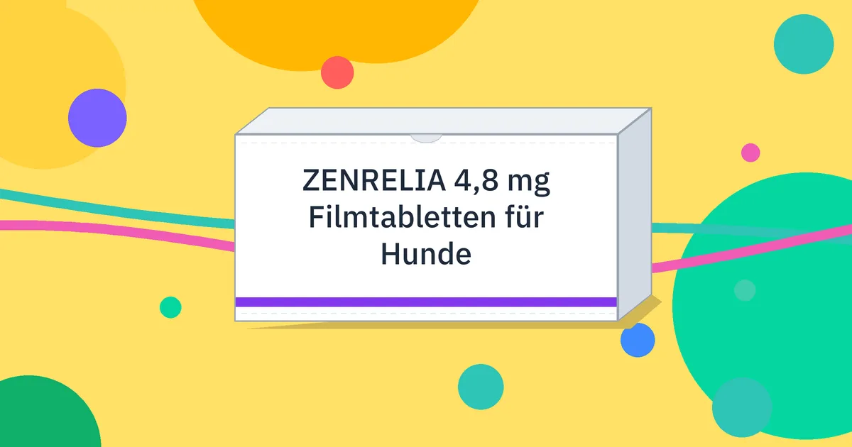 Symbolbild: Packung mit der Aufschrift ZENRELIA 4,8 mg Filmtabletten für Hunde (PZN 19711399) – Verfügbarkeit und Bezug in Apotheken in Frankfurt am Main