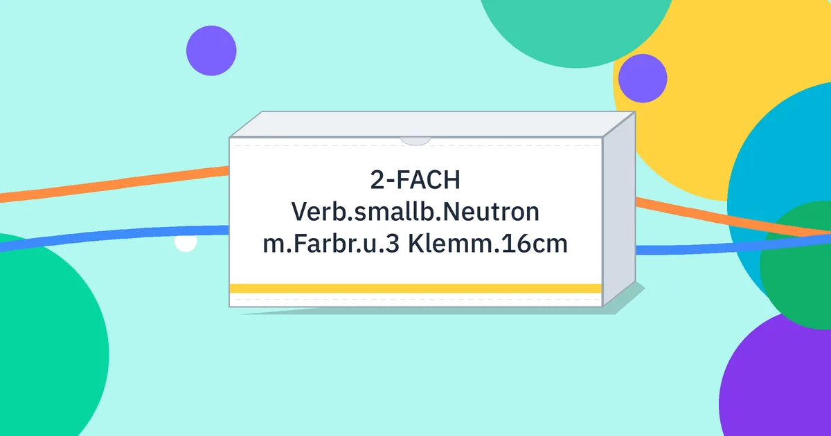 Symbolbild: Packung mit der Aufschrift 2-FACH Verb.smallb.Neutron m.Farbr.u.3 Klemm.16cm (PZN 18498957) – Verfügbarkeit und Bezug in Apotheken in Frankfurt am Main