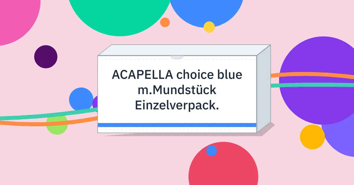 Symbolbild: Packung mit der Aufschrift ACAPELLA choice blue m.Mundstück Einzelverpack. (PZN 17867157) – Verfügbarkeit und Bezug in Apotheken in Frankfurt am Main