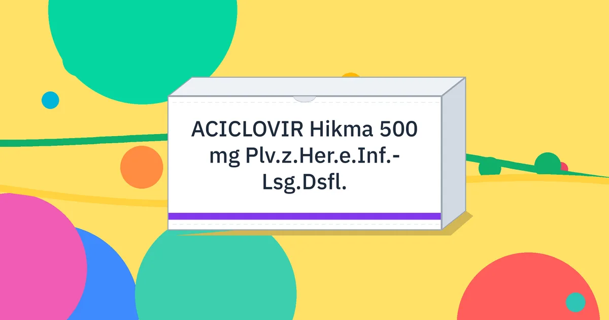 Symbolbild: Packung mit der Aufschrift ACICLOVIR Hikma 500 mg Plv.z.Her.e.Inf.-Lsg.Dsfl. (PZN 10984150) – Verfügbarkeit und Bezug in Apotheken in Frankfurt am Main