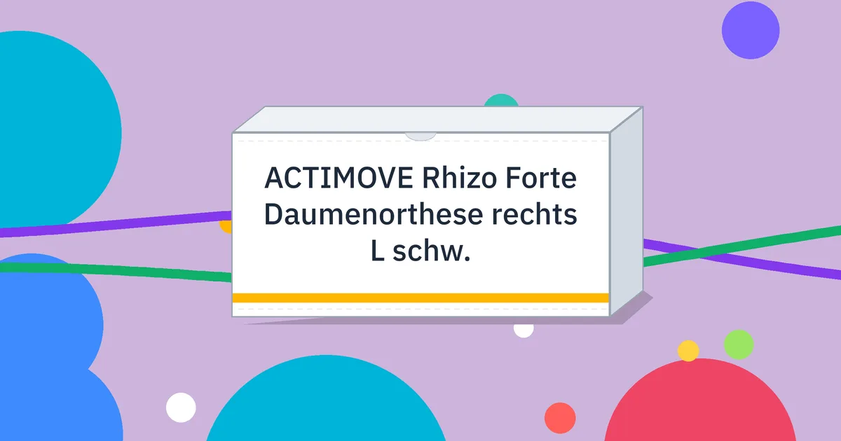 Symbolbild: Packung mit der Aufschrift ACTIMOVE Rhizo Forte Daumenorthese rechts L schw. (PZN 18017550) – Verfügbarkeit und Bezug in Apotheken in Frankfurt am Main