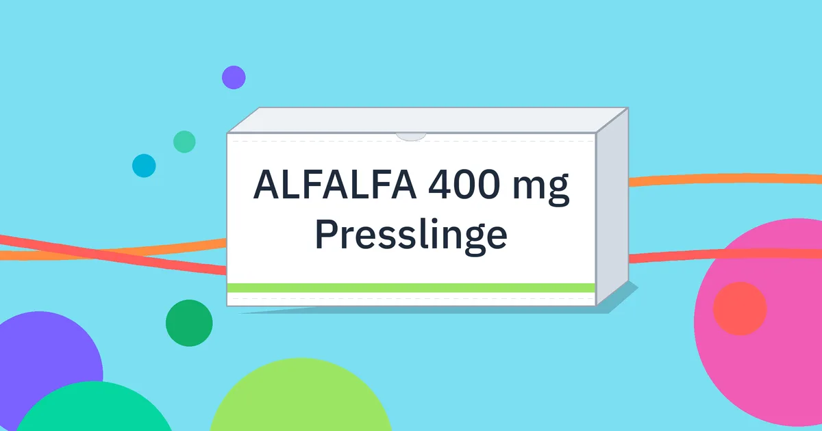 Symbolbild: Packung mit der Aufschrift ALFALFA 400 mg Presslinge (PZN 11609224) – Verfügbarkeit und Bezug in Apotheken in Frankfurt am Main