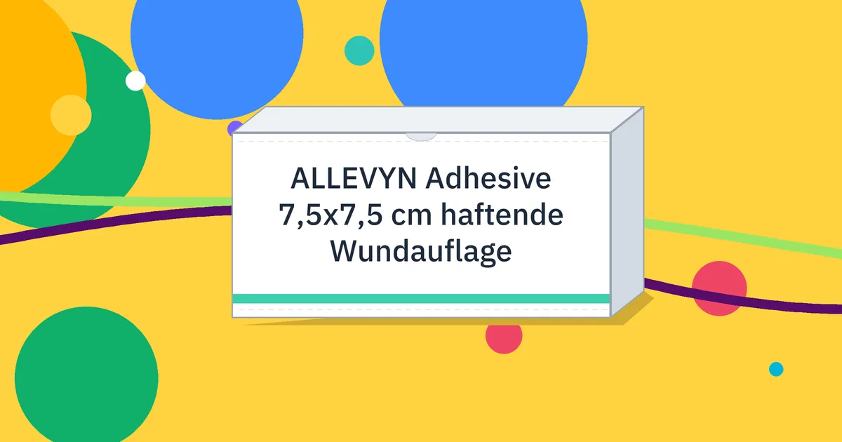 Symbolbild: Packung mit der Aufschrift ALLEVYN Adhesive 7,5x7,5 cm haftende Wundauflage (PZN 12600194) – Verfügbarkeit und Bezug in Apotheken in Frankfurt am Main