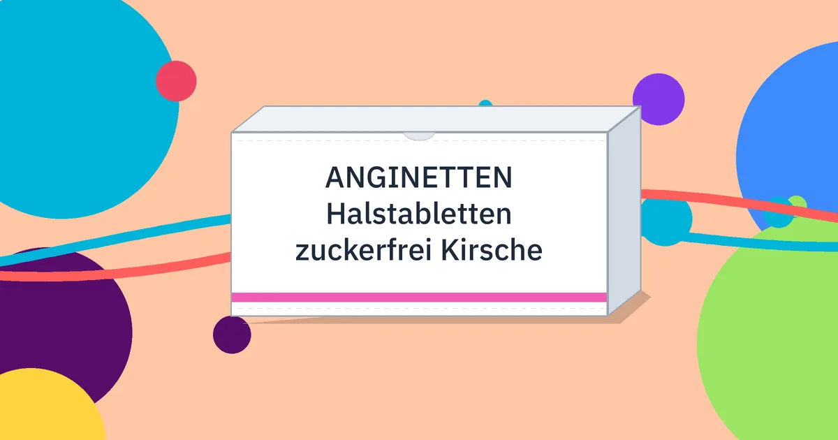 Symbolbild: Packung mit der Aufschrift ANGINETTEN Halstabletten zuckerfrei Kirsche (PZN 19288446) – Verfügbarkeit und Bezug in Apotheken in Frankfurt am Main