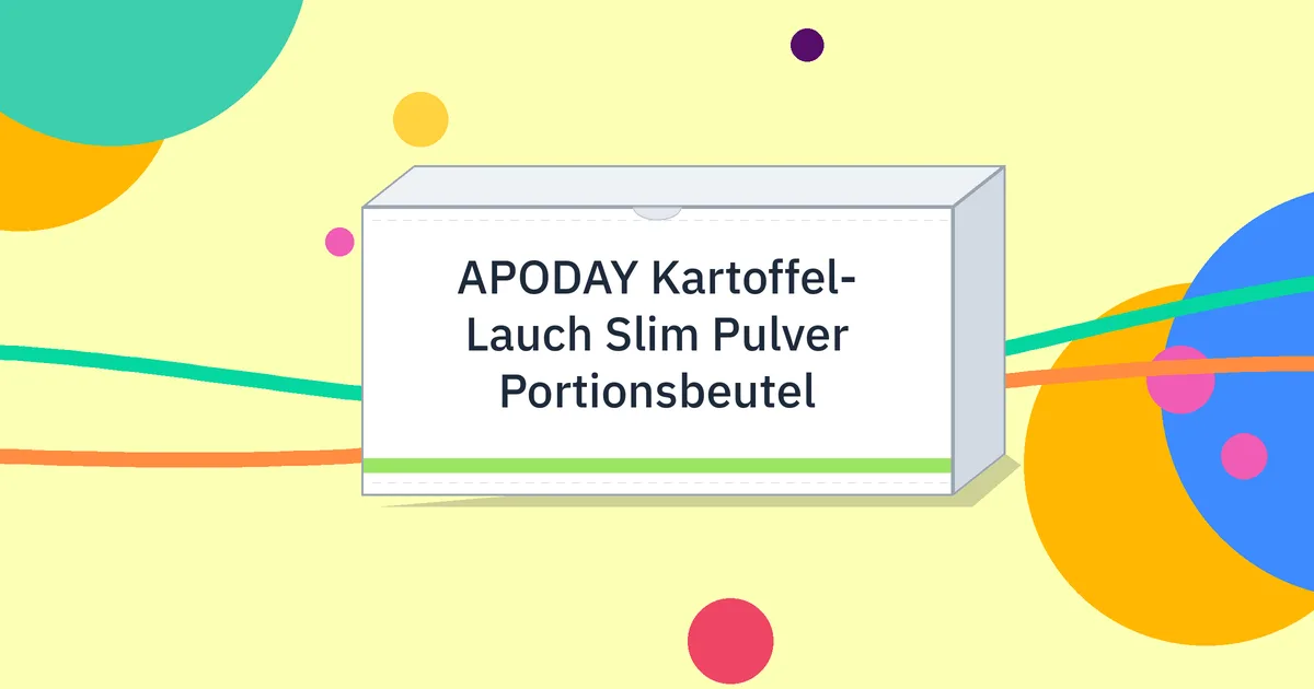 Symbolbild: Packung mit der Aufschrift APODAY Kartoffel-Lauch Slim Pulver Portionsbeutel (PZN 10984523) – Verfügbarkeit und Bezug in Apotheken in Frankfurt am Main