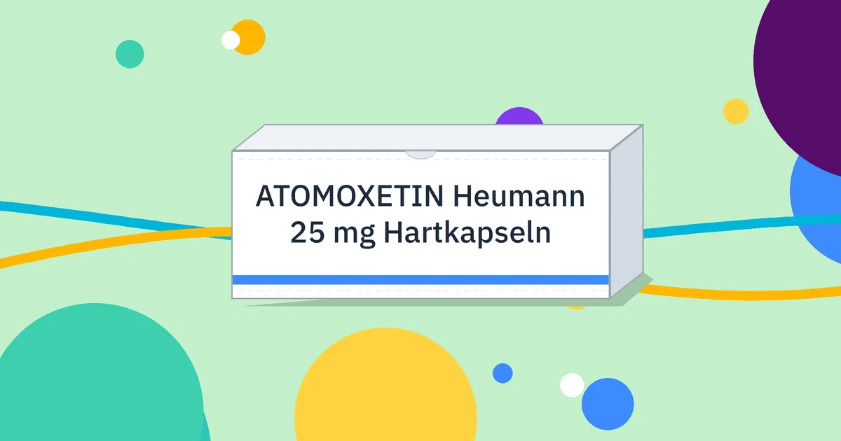 Symbolbild: Packung mit der Aufschrift ATOMOXETIN Heumann 25 mg Hartkapseln (PZN 14063949) – Verfügbarkeit und Bezug in Apotheken in Frankfurt am Main
