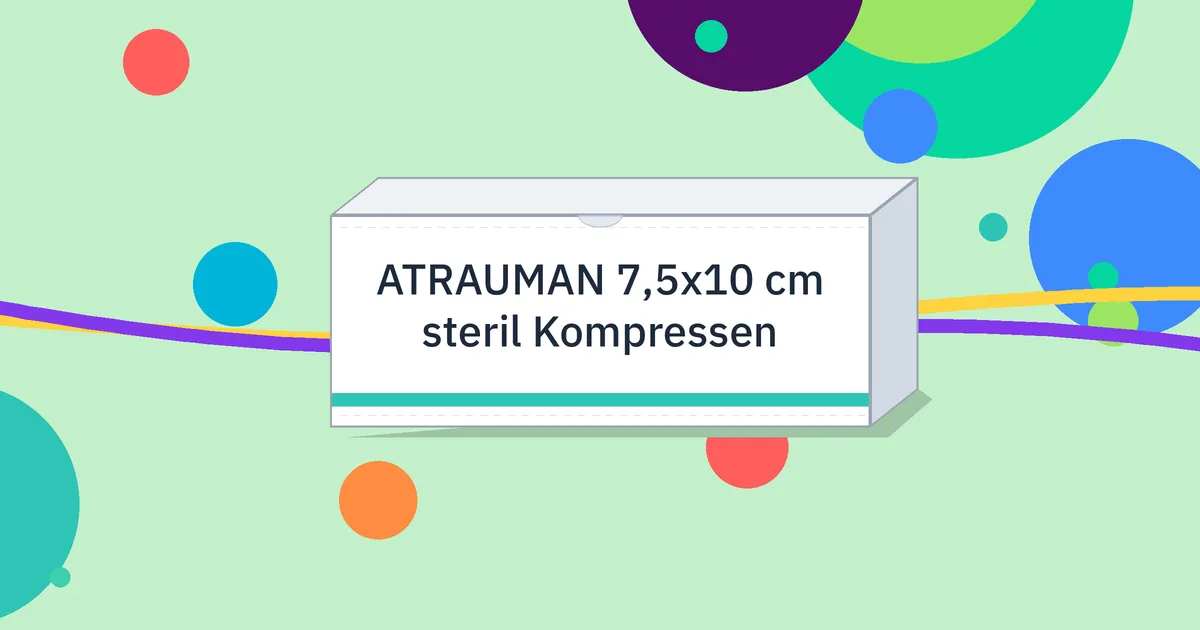 Symbolbild: Packung mit der Aufschrift ATRAUMAN 7,5x10 cm steril Kompressen (PZN 17269485) – Verfügbarkeit und Bezug in Apotheken in Frankfurt am Main