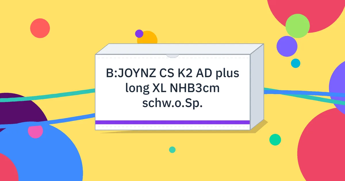Symbolbild: Packung mit der Aufschrift B:JOYNZ CS K2 AD plus long XL NHB3cm schw.o.Sp. (PZN 20527465) – Verfügbarkeit und Bezug in Apotheken in Frankfurt am Main