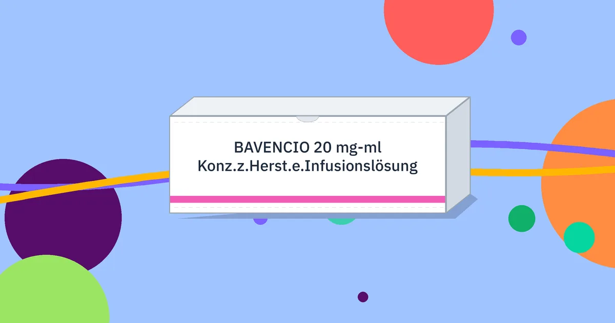 Symbolbild: Packung mit der Aufschrift BAVENCIO 20 mg-ml Konz.z.Herst.e.Infusionslösung (PZN 13228058) – Verfügbarkeit und Bezug in Apotheken in Frankfurt am Main