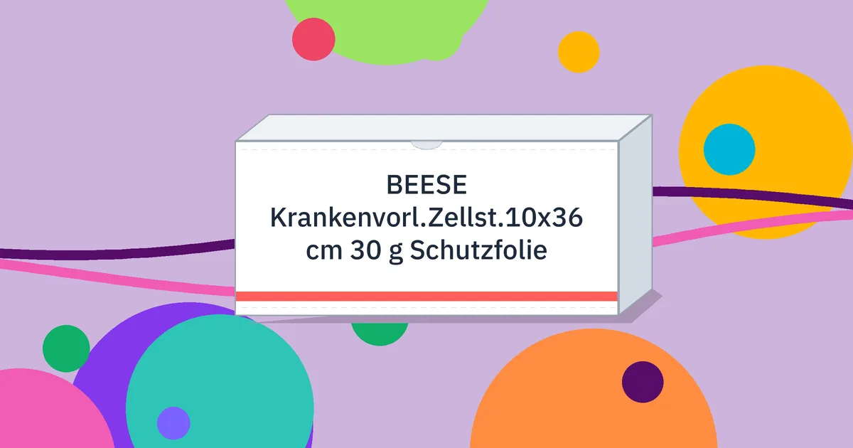 Symbolbild: Packung mit der Aufschrift BEESE Krankenvorl.Zellst.10x36 cm 30 g Schutzfolie (PZN 02214142) – Verfügbarkeit und Bezug in Apotheken in Frankfurt am Main