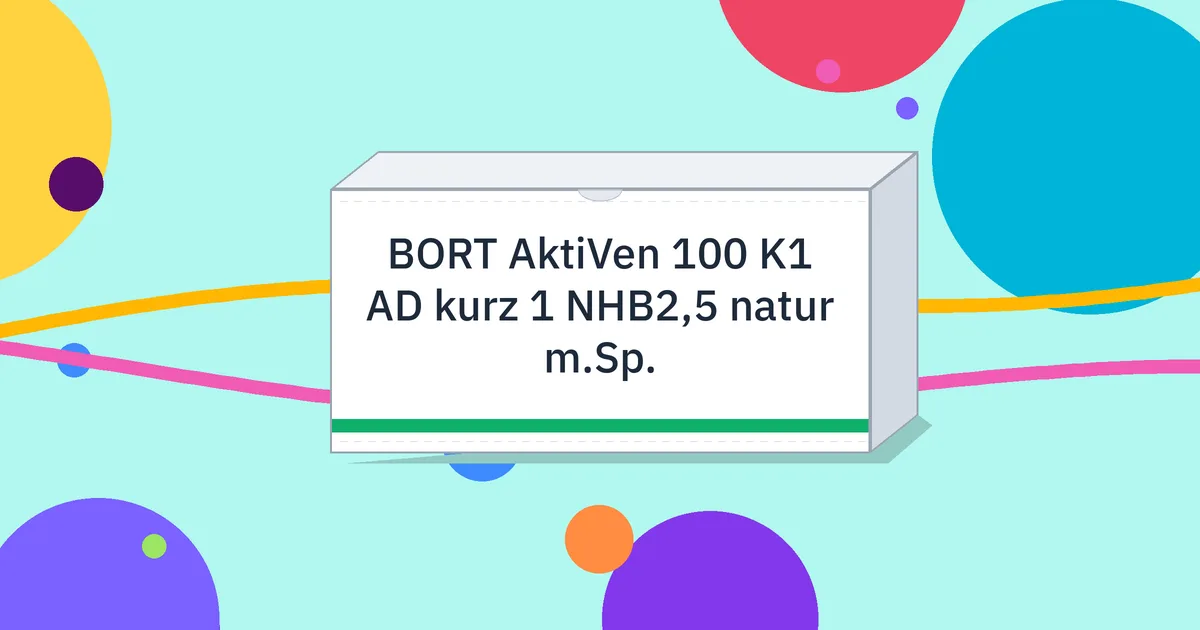 Symbolbild: Packung mit der Aufschrift BORT AktiVen 100 K1 AD kurz 1 NHB2,5 natur m.Sp. (PZN 17498458) – Verfügbarkeit und Bezug in Apotheken in Frankfurt am Main