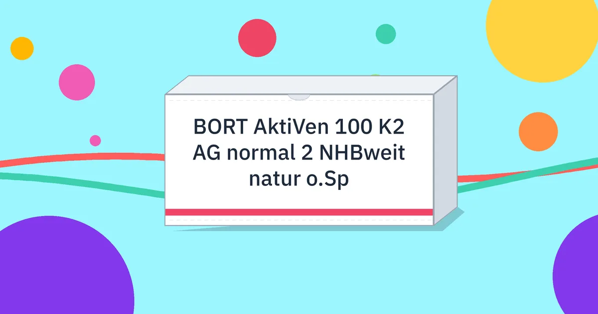 Symbolbild: Packung mit der Aufschrift BORT AktiVen 100 K2 AG normal 2 NHBweit natur o.Sp (PZN 13730119) – Verfügbarkeit und Bezug in Apotheken in Frankfurt am Main