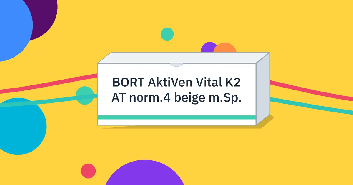 Symbolbild: Packung mit der Aufschrift BORT AktiVen Vital K2 AT norm.4 beige m.Sp. (PZN 13739161) – Verfügbarkeit und Bezug in Apotheken in Frankfurt am Main