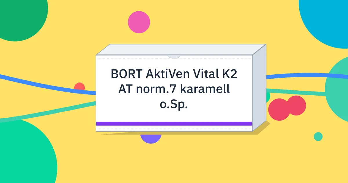 Symbolbild: Packung mit der Aufschrift BORT AktiVen Vital K2 AT norm.7 karamell o.Sp. (PZN 13737630) – Verfügbarkeit und Bezug in Apotheken in Frankfurt am Main