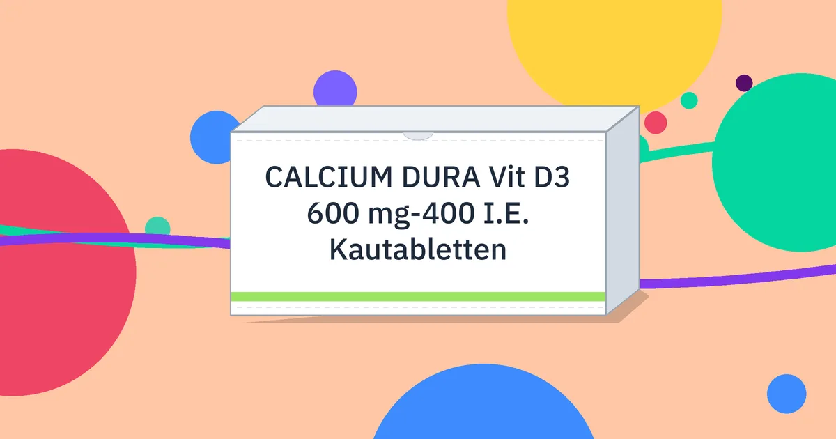 Symbolbild: Packung mit der Aufschrift CALCIUM DURA Vit D3 600 mg-400 I.E. Kautabletten (PZN 08920757) – Verfügbarkeit und Bezug in Apotheken in Frankfurt am Main