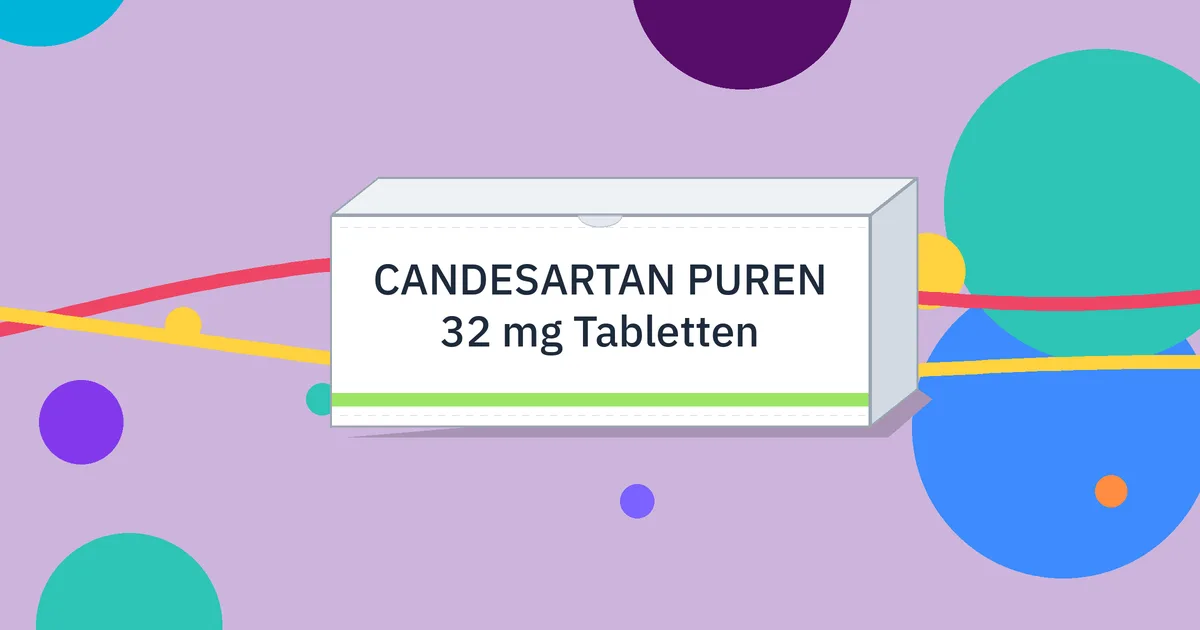 Symbolbild: Packung mit der Aufschrift CANDESARTAN PUREN 32 mg Tabletten (PZN 11353902) – Verfügbarkeit und Bezug in Apotheken in Frankfurt am Main