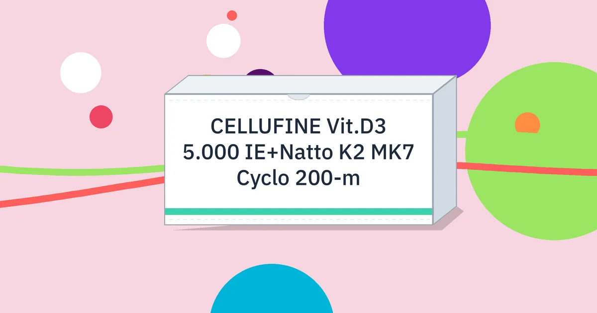 Symbolbild: Packung mit der Aufschrift CELLUFINE Vit.D3 5.000 IE+Natto K2 MK7 Cyclo 200-m (PZN 19149621) – Verfügbarkeit und Bezug in Apotheken in Frankfurt am Main
