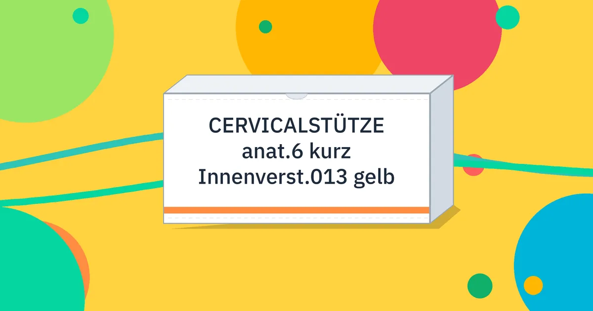 Symbolbild: Packung mit der Aufschrift CERVICALSTÜTZE anat.6 kurz Innenverst.013 gelb (PZN 08894853) – Verfügbarkeit und Bezug in Apotheken in Frankfurt am Main