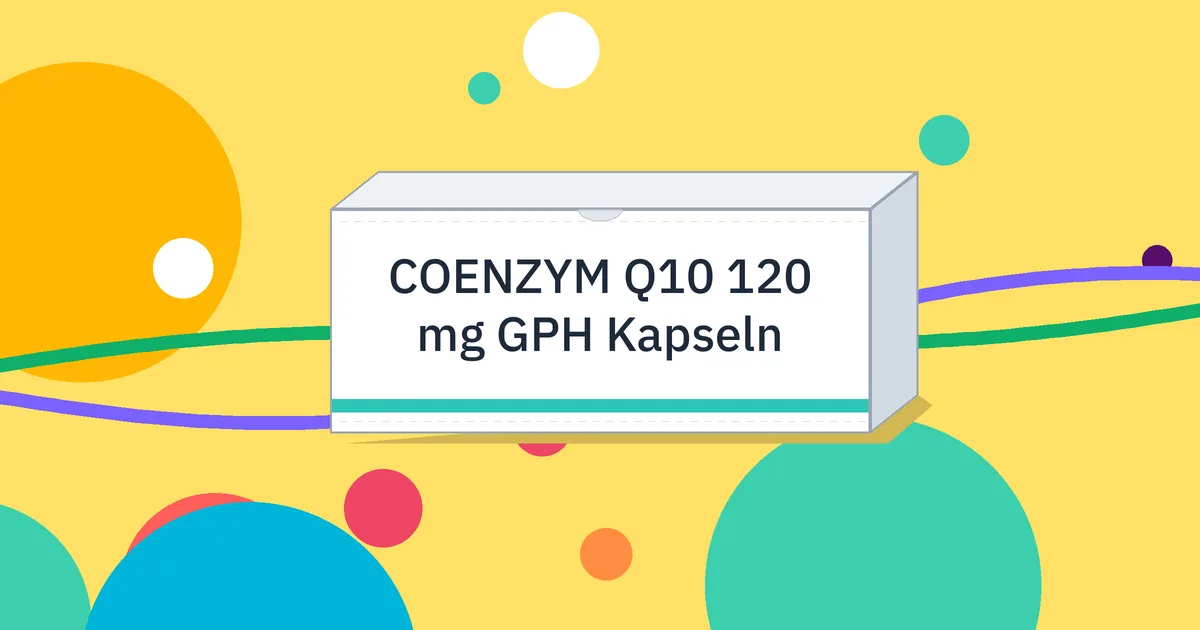 Symbolbild: Packung mit der Aufschrift COENZYM Q10 120 mg GPH Kapseln (PZN 06832813) – Verfügbarkeit und Bezug in Apotheken in Frankfurt am Main