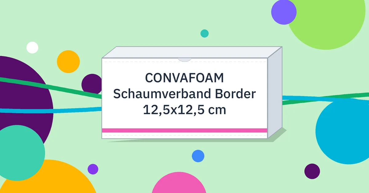 Symbolbild: Packung mit der Aufschrift CONVAFOAM Schaumverband Border 12,5x12,5 cm (PZN 17256258) – Verfügbarkeit und Bezug in Apotheken in Frankfurt am Main