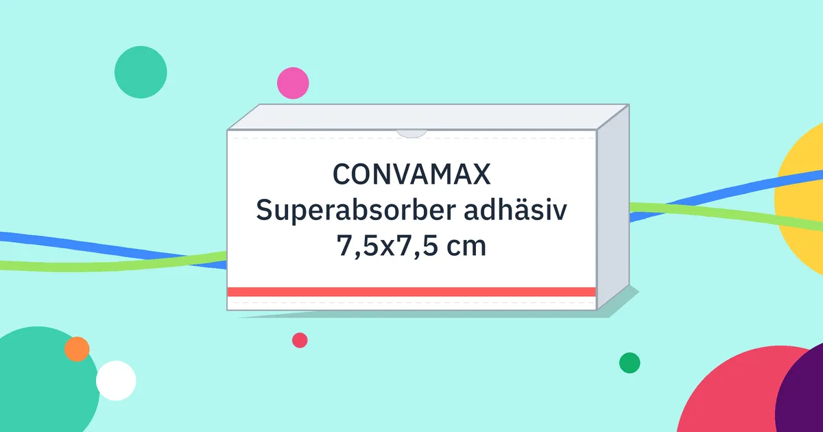 Symbolbild: Packung mit der Aufschrift CONVAMAX Superabsorber adhäsiv 7,5x7,5 cm (PZN 18241744) – Verfügbarkeit und Bezug in Apotheken in Frankfurt am Main