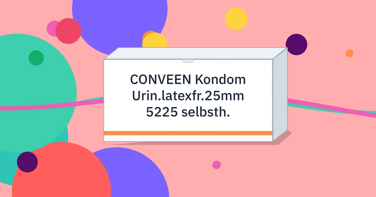 Symbolbild: Packung mit der Aufschrift CONVEEN Kondom Urin.latexfr.25mm 5225 selbsth. (PZN 08523973) – Verfügbarkeit und Bezug in Apotheken in Frankfurt am Main