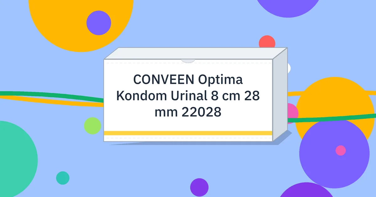 Symbolbild: Packung mit der Aufschrift CONVEEN Optima Kondom Urinal 8 cm 28 mm 22028 (PZN 11027338) – Verfügbarkeit und Bezug in Apotheken in Frankfurt am Main